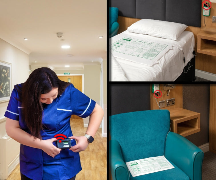 BED EXIT ALARM AND CAREER PAGER WITH BOTH BED EXIT AND CHAIR EXIT PADS ...